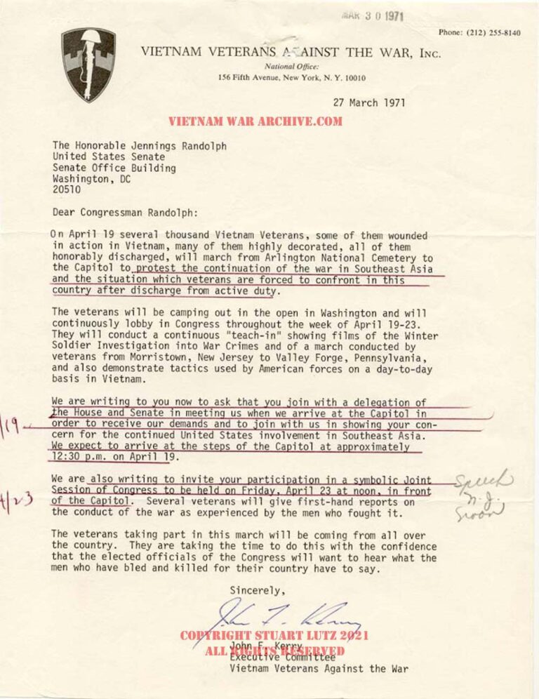 John Kerry, Writing On Vietnam Veterans Against The War Letterhead ...